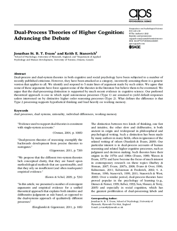 (PDF) Dual-Process Theories of Higher Cognition