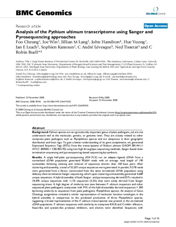 (PDF) Analysis of the Pythium ultimum transcriptome using Sanger and ...