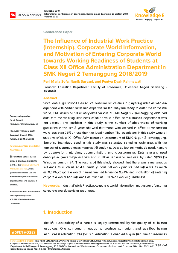 (PDF) The Influence of Industrial Work Practice (Internship), Corporate World Information, and ...