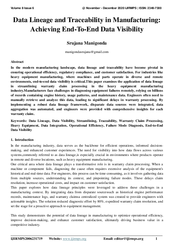 (PDF) Data Lineage and Traceability in Manufacturing: Achieving End-To-End Data Visibility