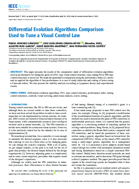 (PDF) Differential Evolution Algorithms Comparison Used to Tune a Visual Control Law