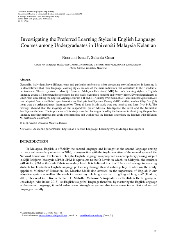 (PDF) Investigating the Preferred Learning Styles in English Language ...