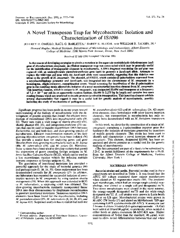 (PDF) A novel transposon trap for mycobacteria: isolation and ...