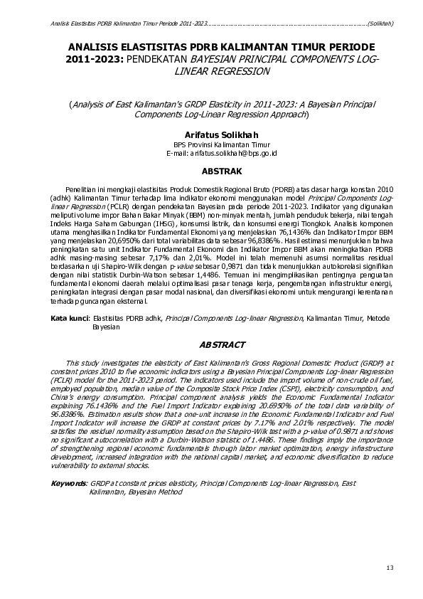 (PDF) ANALISIS ELASTISITAS PDRB KALIMANTAN TIMUR PERIODE 2011-2023: PENDEKATAN BAYESIAN ...