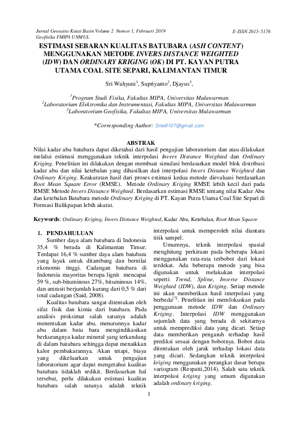 (PDF) Estimasi Sebaran Kualitas Batubara (Ash Content) Menggunakan Metode Invers Distance ...