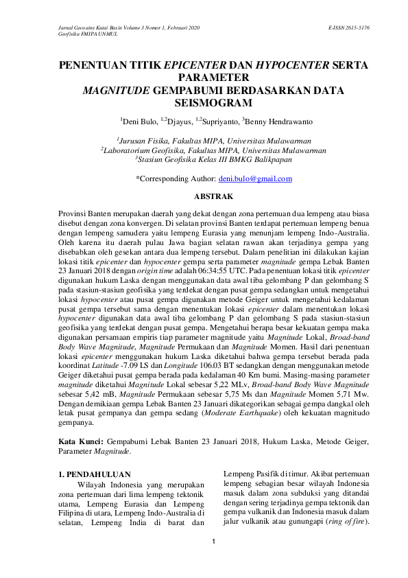 (PDF) Penentuan Titik Epicenter Dan Hypocenter Serta Parameter Magnitude Gempabumi Berdasarkan ...