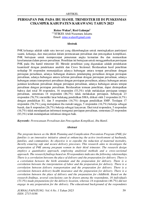 (PDF) Persiapan P4K Pada Ibu Hamil Trimester III DI Puskesmas Cikampek Kabupaten Karawang Tahun 2023
