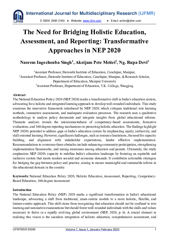(PDF) The Need for Bridging Holistic Education, Assessment, and Reporting: Transformative ...