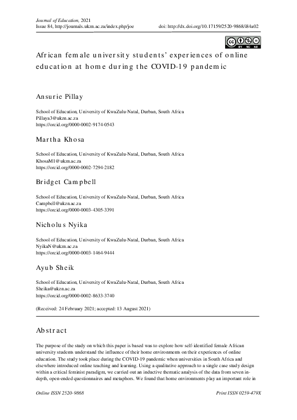 (PDF) African female university students' experiences of online education at home during the ...