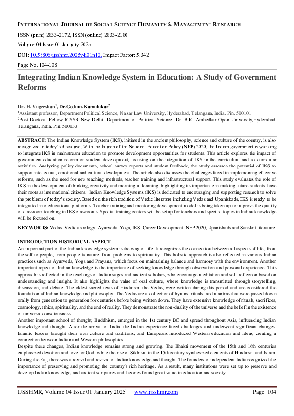 (PDF) Integrating Indian Knowledge System in Education: A Study of Government Reforms