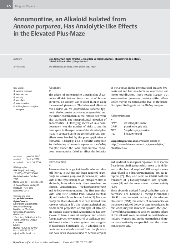 (PDF) Annomontine, an Alkaloid Isolated fromAnnona purpurea, Has Anxiolytic-Like Effects in the ...