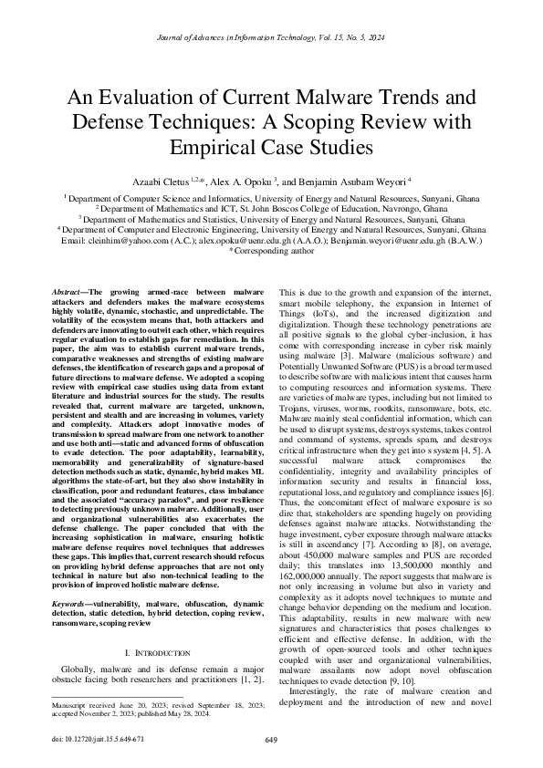 (PDF) An Evaluation of Current Malware Trends and Defense Techniques: A Scoping Review with ...