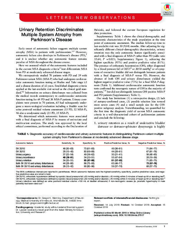 (PDF) Urinary retention discriminates multiple system atrophy from ...