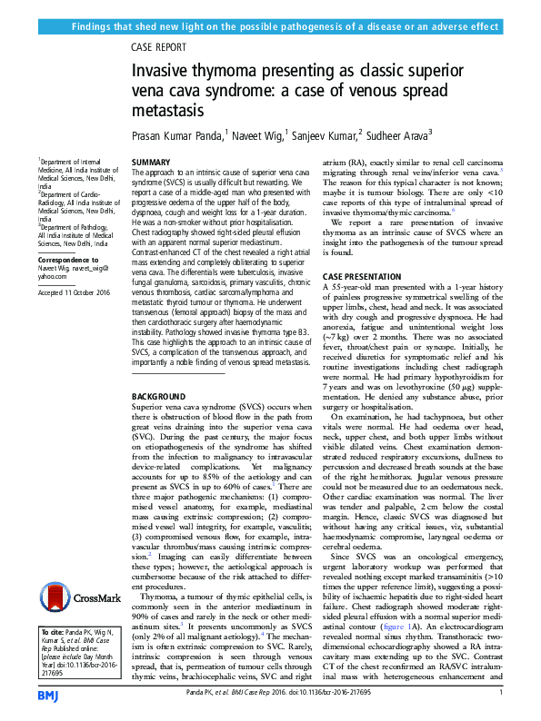 (PDF) Invasive thymoma presenting as classic superior vena cava syndrome: a case of venous ...
