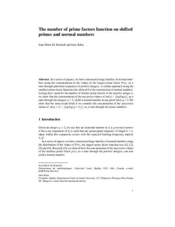 (PDF) The Number of Prime Factors Function on Shifted Primes and Normal ...