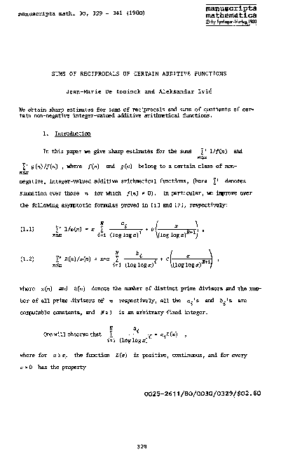 (PDF) Sums of reciprocals of certain additive functions