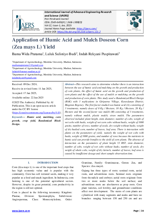 (PDF) Application of Humic Acid and Mulch Dose on Corn (Zea mays L) Yield