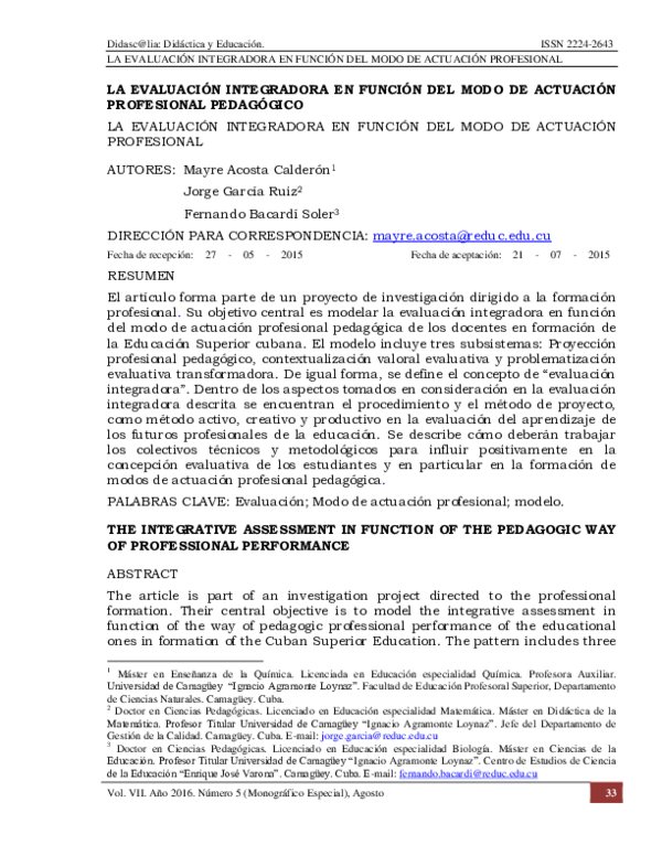 (PDF) La evaluación integradora en función del modo de actuación profesional pedagógico