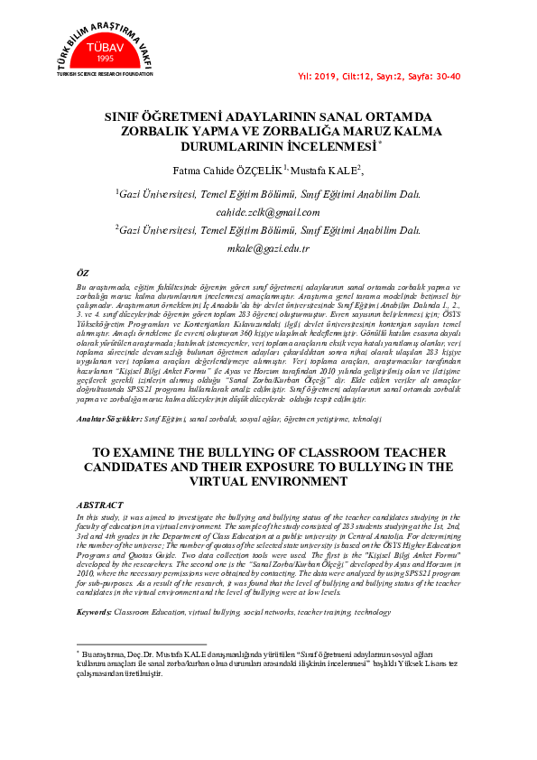 (PDF) Sınıf Öğretmeni Adaylarının Sanal Ortamda Zorbalık Yapma ve ...