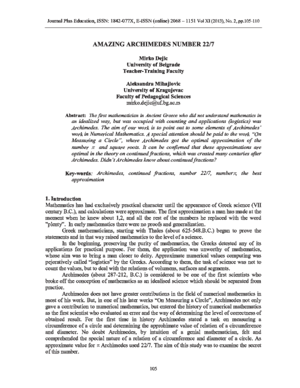 (PDF) Amazing Archimedes Number 22/7