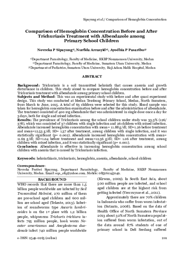(PDF) Comparison of Hemoglobin Concentration Before and After Trichuriasis Treatment with ...
