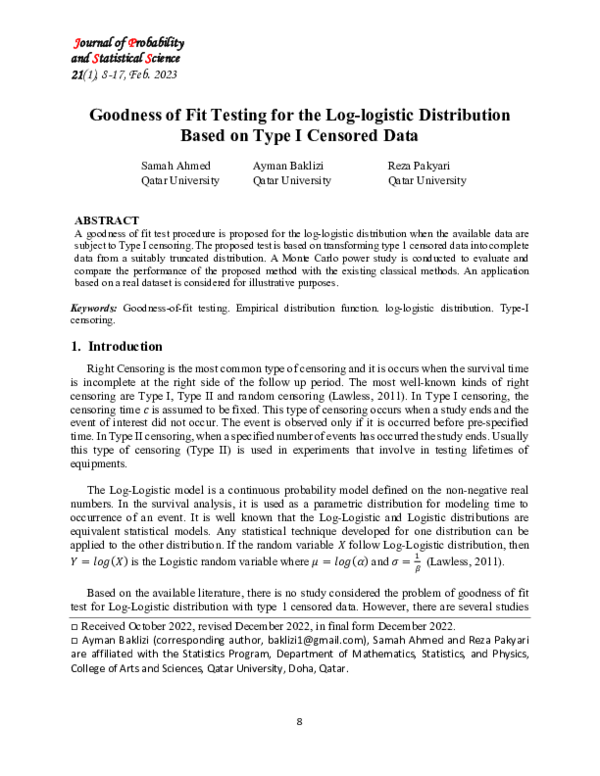 Pdf Goodness Of Fit Testing For The Log Logistic Distribution Based On Type I Censored Data