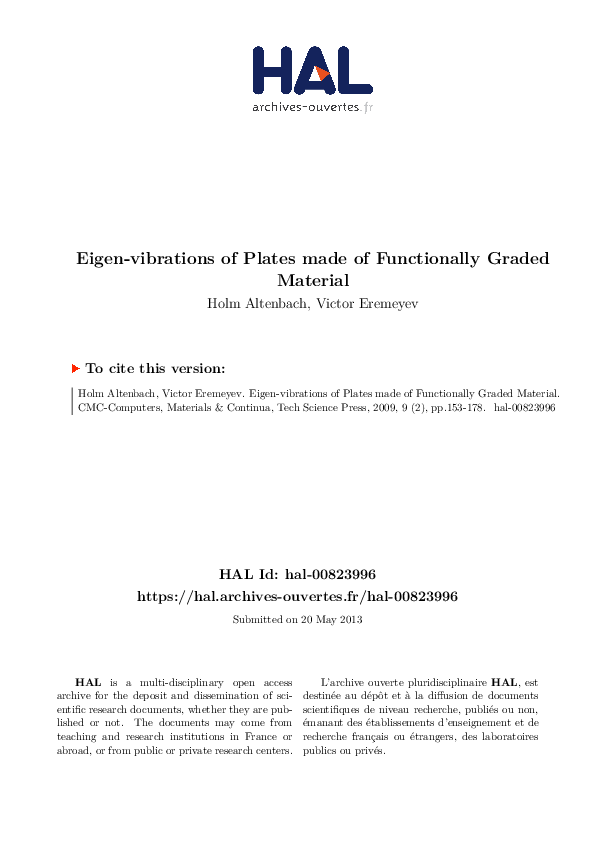 Pdf Eigen Vibrations Of Plates Made Of Functionally Graded Material