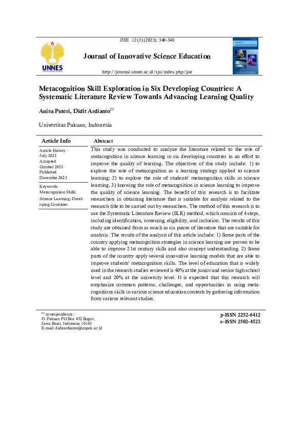 (PDF) Metacognition Skill Exploration in Six Developing Countries: A Systematic Literature ...