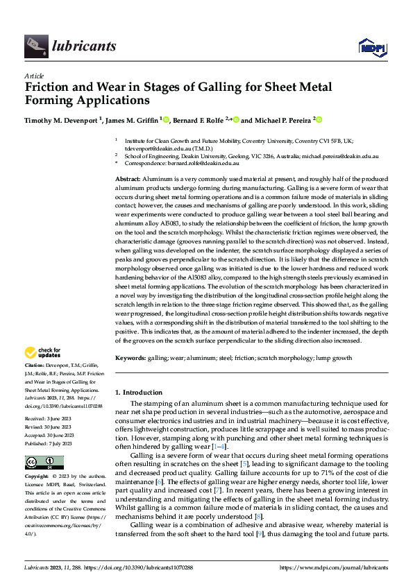 (PDF) Friction and Wear in Stages of Galling for Sheet Metal Forming ...