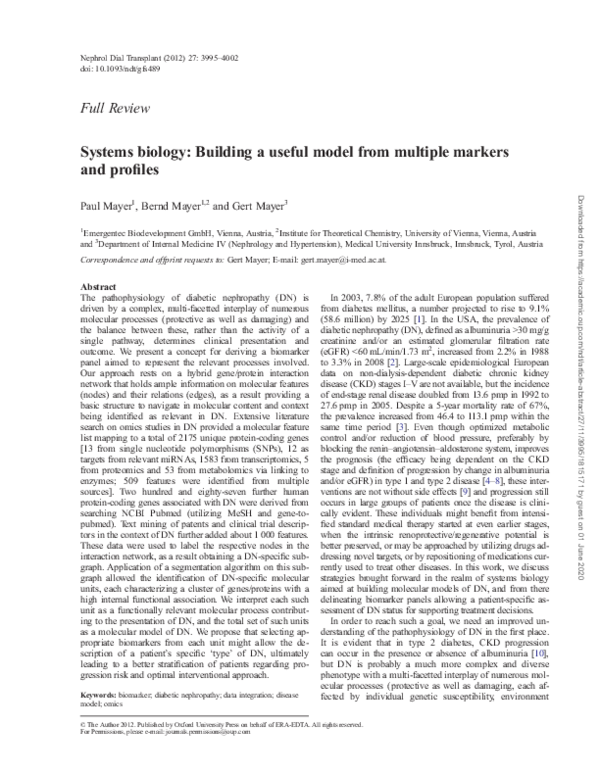 (PDF) Systems biology building a useful model from multiple markers and ...