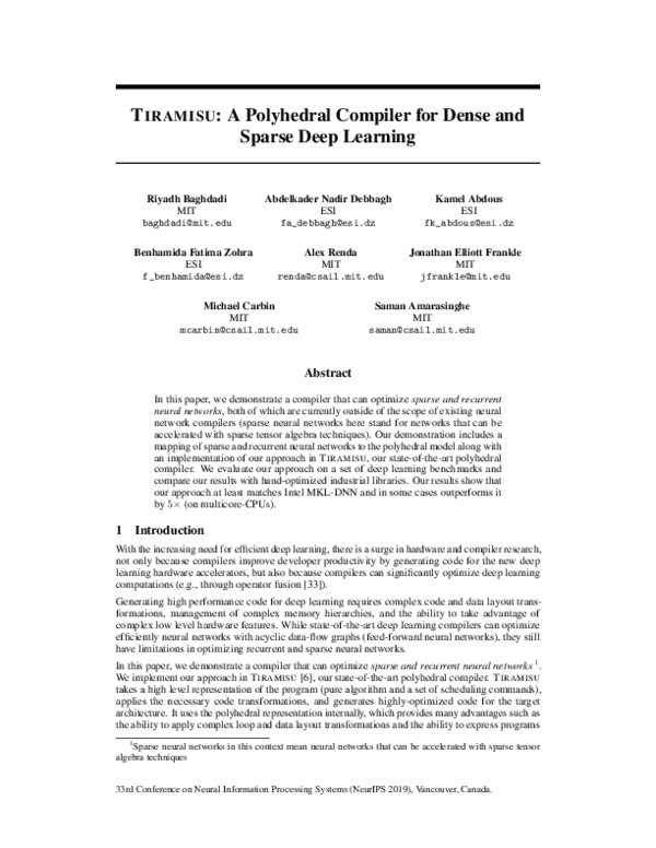 (PDF) TIRAMISU: A Polyhedral Compiler for Dense and Sparse Deep Learning