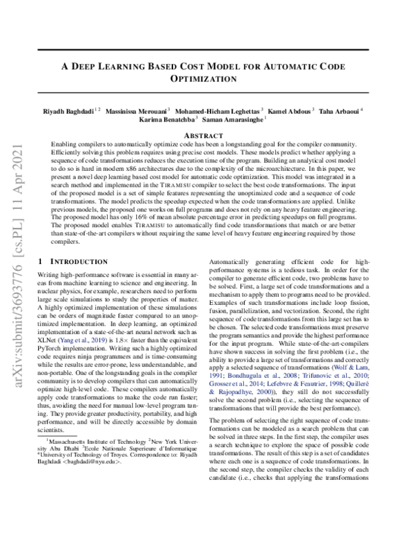 (PDF) A Deep Learning Based Cost Model for Automatic Code Optimization ...