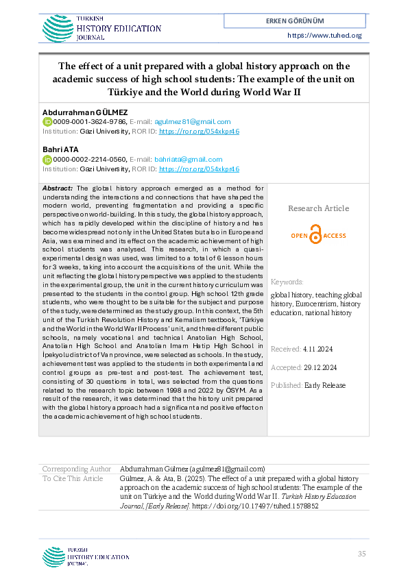 (PDF) The effect of a unit prepared with a global history approach on ...