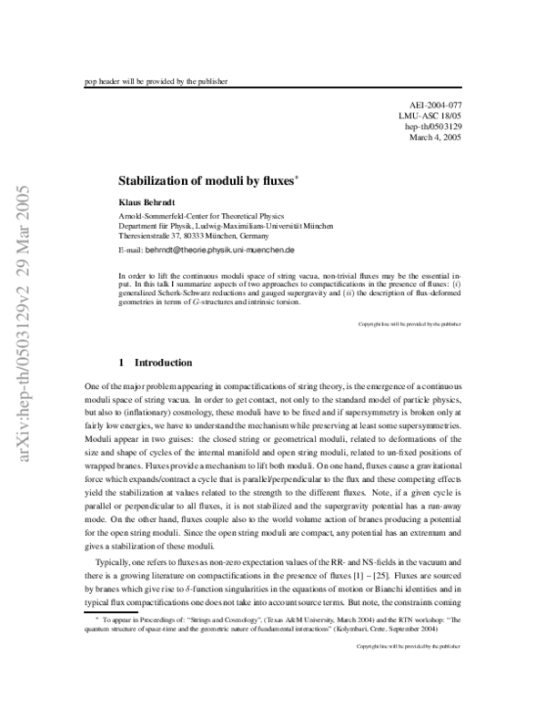 (PDF) Stabilization of moduli by fluxes