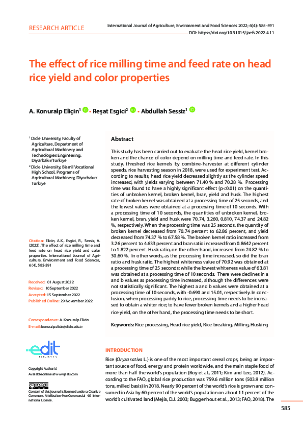 (PDF) The effect of rice milling time and feed rate on head rice yield ...