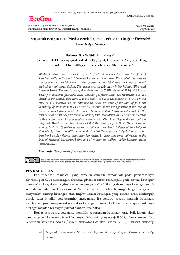(PDF) Pengaruh Penggunaan Media Pembelajaran Terhadap Tingkat Financial ... (PDF) Pengaruh Penggunaan Media Pembelajaran Terhadap Tingkat Financial ...