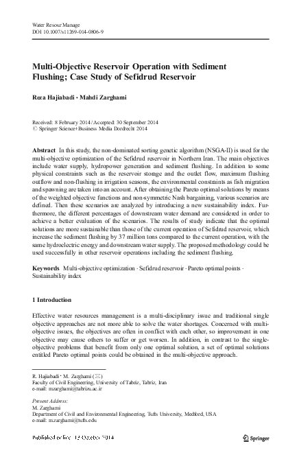 (PDF) Multi-Objective Reservoir Operation with Sediment Flushing; Case Study of Sefidrud Reservoir