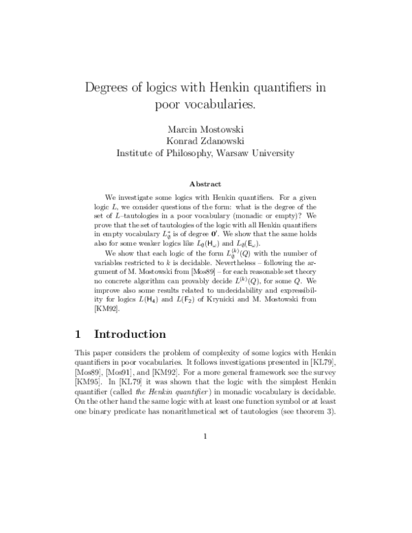 (PDF) Degrees of logics with Henkin quantifiers in poor vocabularies