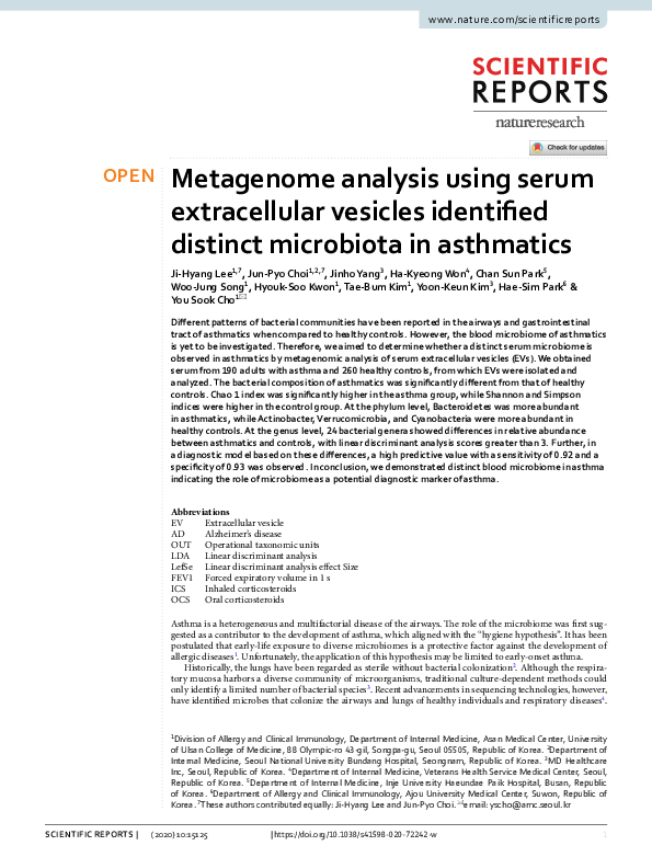 (PDF) Metagenome analysis using serum extracellular vesicles identified distinct microbiota in ...