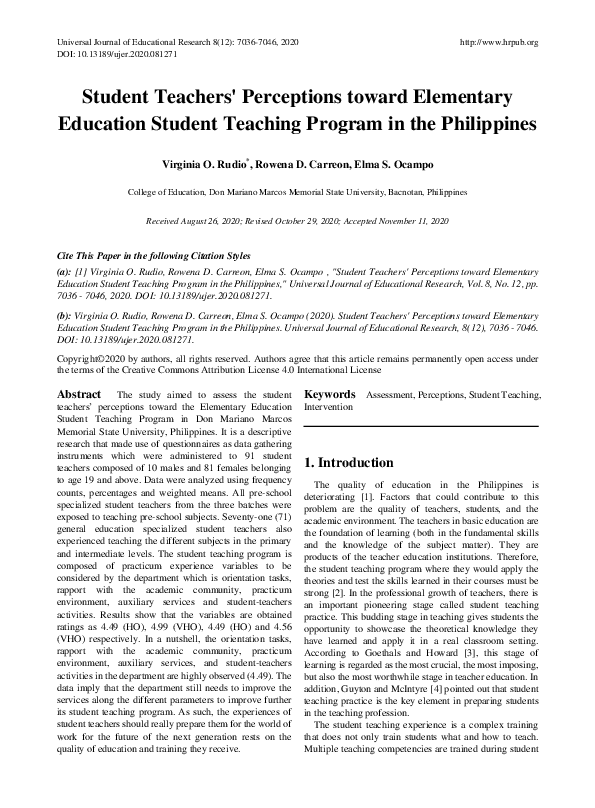(PDF) Student Teachers' Perceptions toward Elementary Education Student Teaching Program in the ...