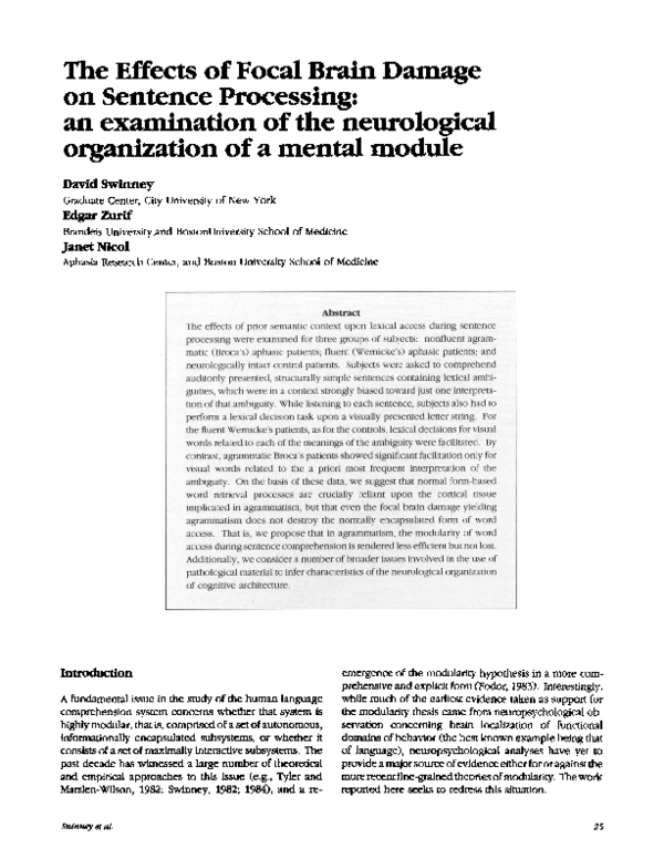 (PDF) The Effects of Focal Brain Damage on Sentence Processing: an ...