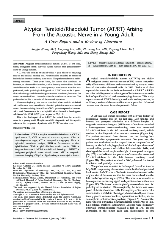 (PDF) Atypical teratoid/rhabdoid tumor (AT/RT) arising from the acoustic nerve in a young adult ...
