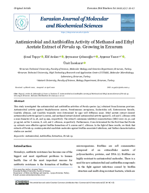 (PDF) Antimicrobial and antibiofilm activity of Ferula spp. growing in Erzurum