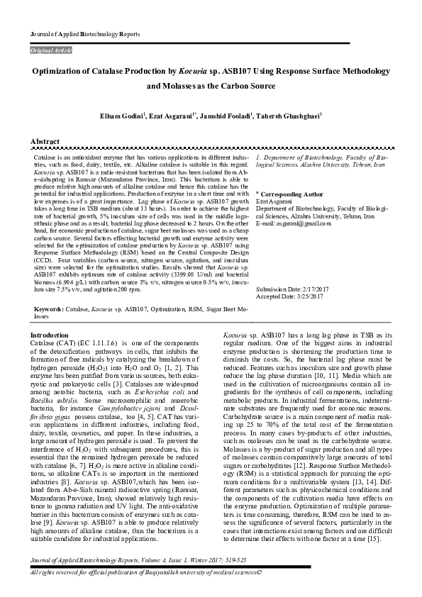 (PDF) Optimization of Catalase Production by Using Molasses as Carbon ...