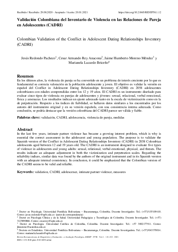 (PDF) Validación Colombiana del Inventario de Violencia en las Relaciones de Pareja en ...