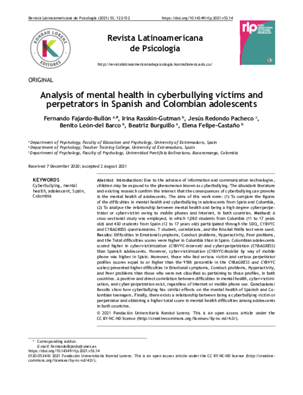 (PDF) Analysis of mental health in cyberbullying victims and ...