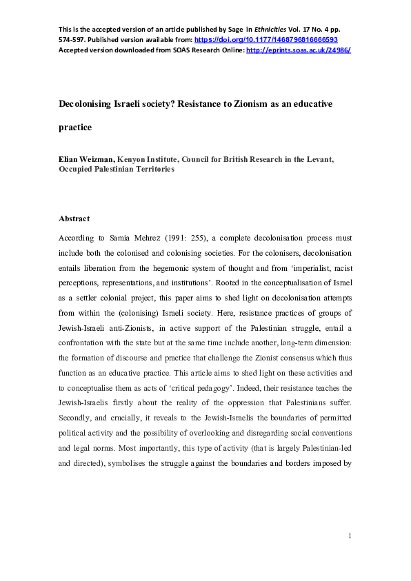 (PDF) Decolonising Israeli society? Resistance to Zionism as an educative practice