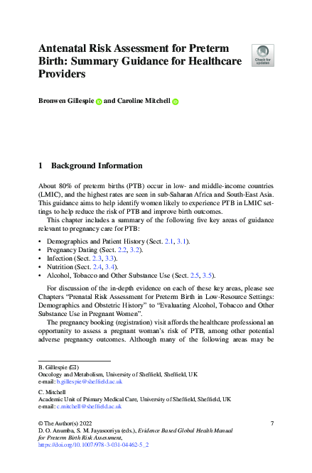 (PDF) Antenatal Risk Assessment for Preterm Birth: Summary Guidance for ...