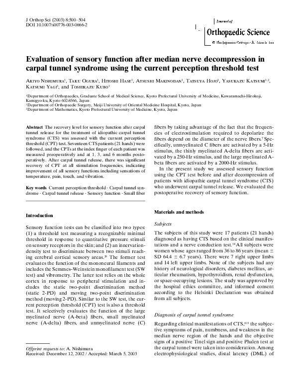 (PDF) Evaluation of sensory function after median nerve decompression in carpal tunnel syndrome ...