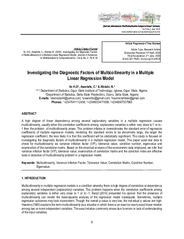 (PDF) Investigating the Diagnostic Factors of Multicollinearity in a Multiple Linear Regression ...
